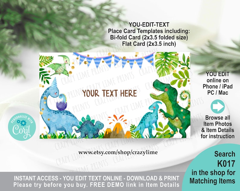 EDITABLE Dinosaur Place Card Template. Printable Cute Dino - Etsy