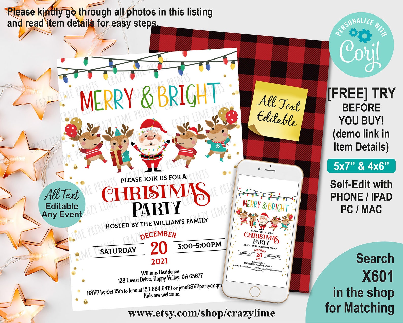 Kids Christmas Party Invitation Editable Template. Digital - Etsy