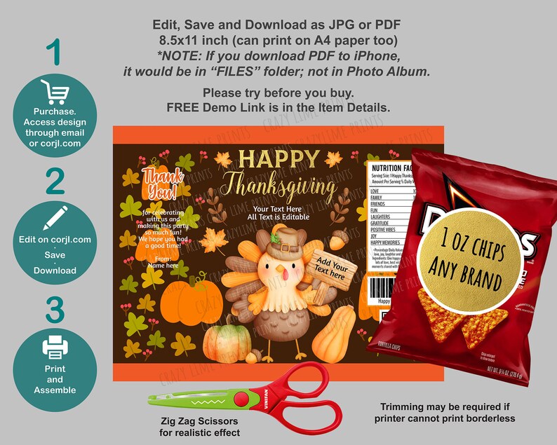 EDITABLE Thanksgiving Chip Bag Wrapper Printable Template. Cute Turkey ...
