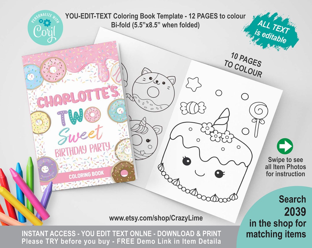 EDITABLE Donut Two Sweet Coloring Book. 8.5 X 11 Inch (5.5 X 8.5 Inch ...