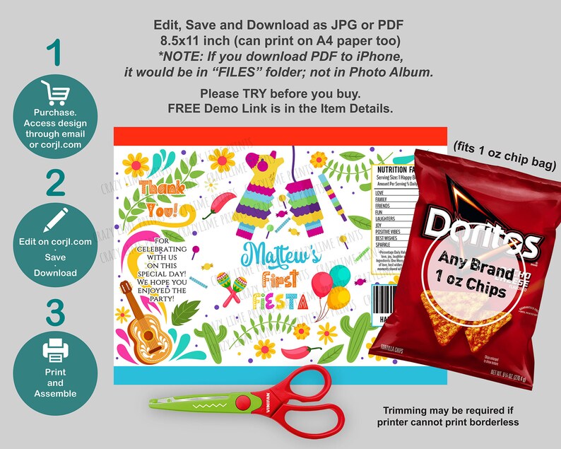 EDITABLE First Fiesta Birthday Chip Bag Template. Piñata - Etsy
