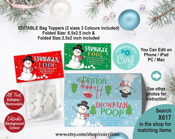 EDITABLE Snowman Poop Christmas Treat Bag Topper. Printable | Etsy
