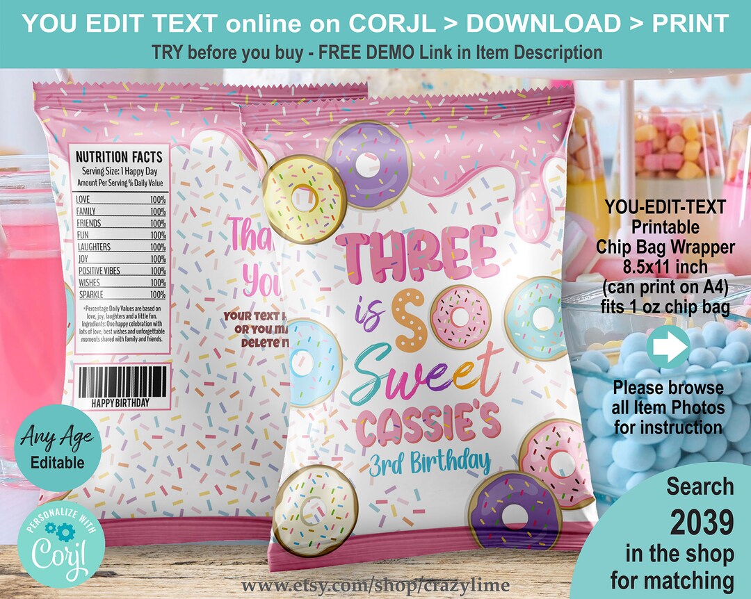 EDITABLE Donut Three is so Sweet 3rd Birthday Chip Bag Wrapper Template ...