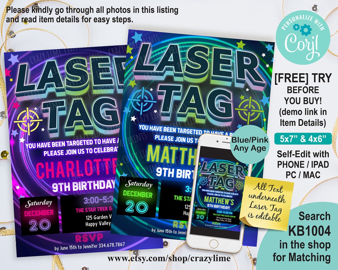 EDITABLE Laser Tag Girl Birthday Invitation Template. | Etsy