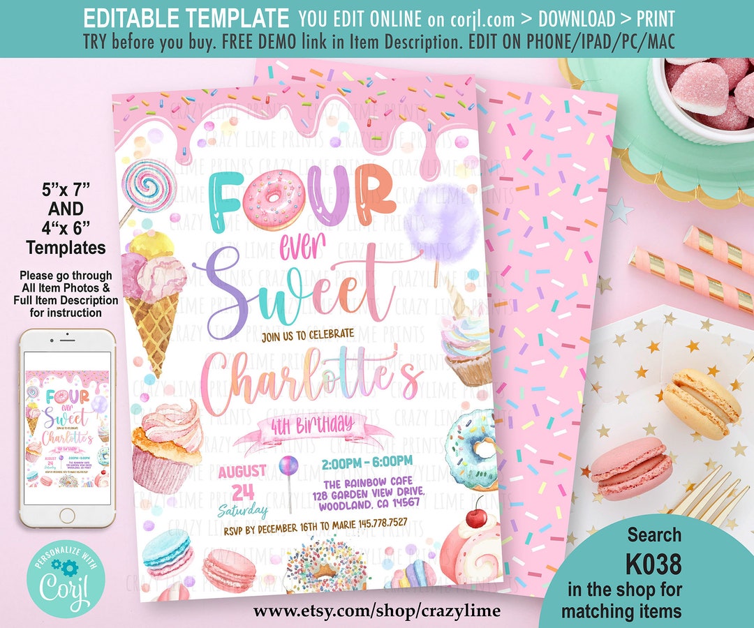 Editable Fourever Sweet 4th Birthday Party Invitation Template. Pastel ...