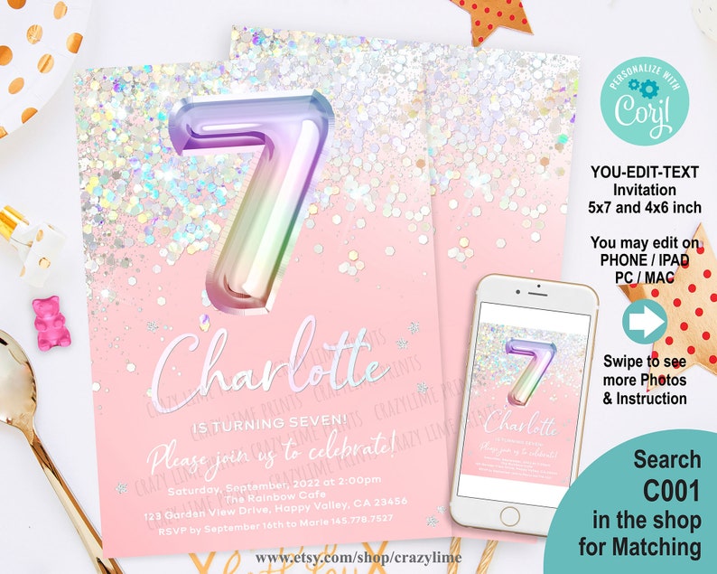 EDITABLE Girl 7th Birthday Invitation Template. Pink Rainbow - Etsy