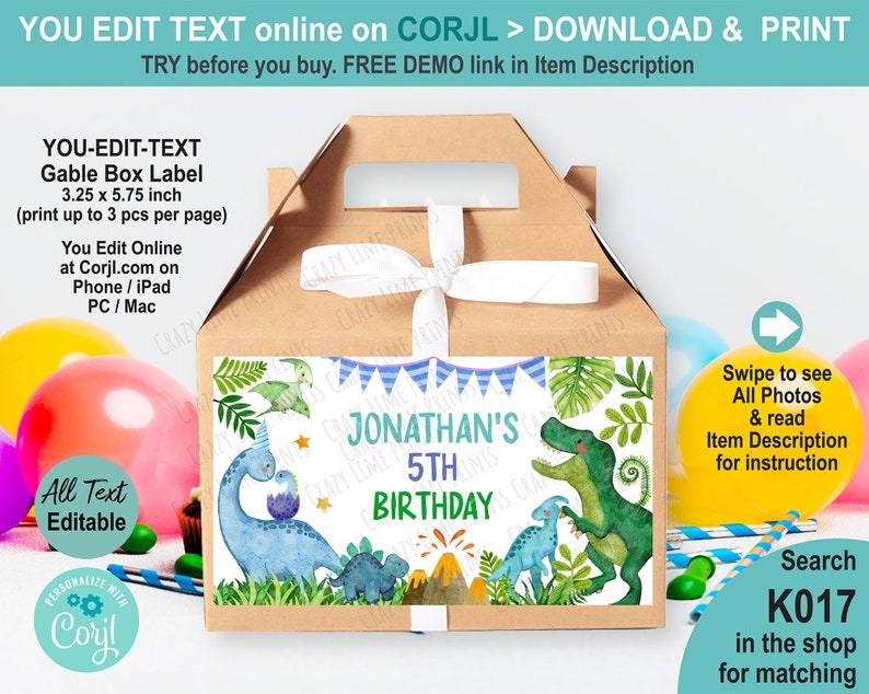 EDITABLE Dinosaur Birthday Gable Box Label. Printable Goody - Etsy