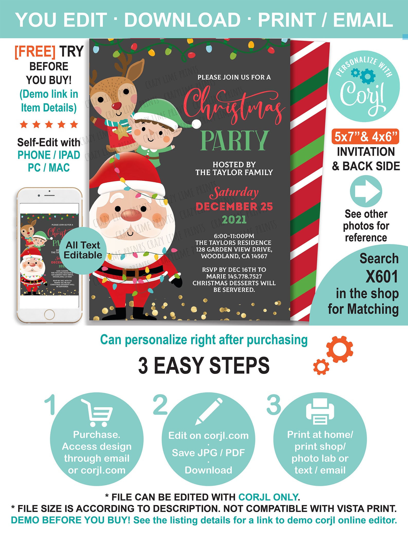 Kids Christmas Party Invitation EDITABLE Digital Template. | Etsy