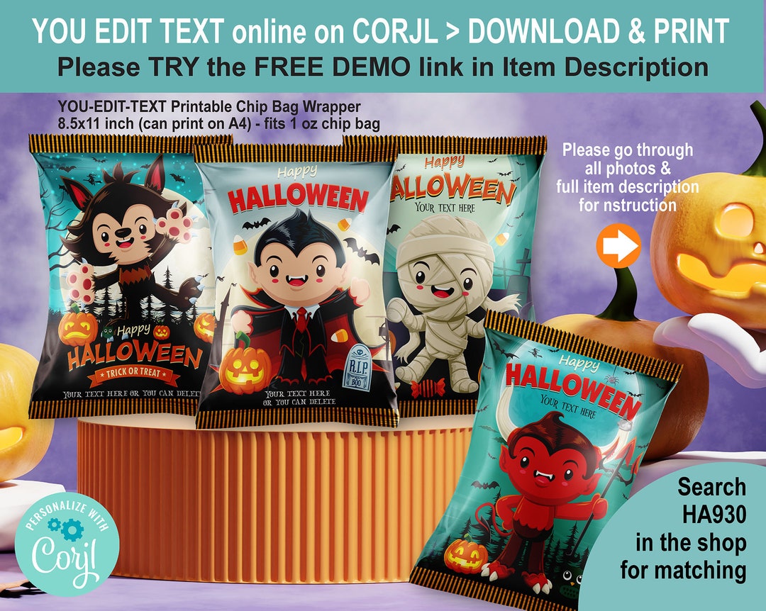 EDITABLE Halloween Cute Chip Bag Wrapper Set of 4 Bundle - Etsy