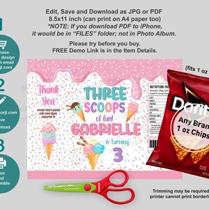 EDITABLE Ice Cream Three Scoops of Fun 3rd Birthday Chip Bag Template ...