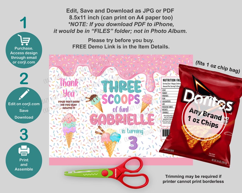 EDITABLE Ice Cream Three Scoops of Fun 3rd Birthday Chip Bag Template ...