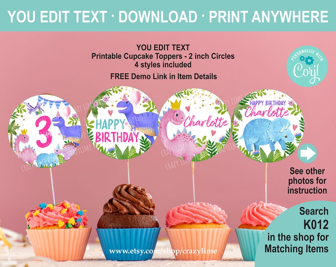 EDITABLE Girl Dinosaur Birthday Party Cupcake Toppers. Personalised ...