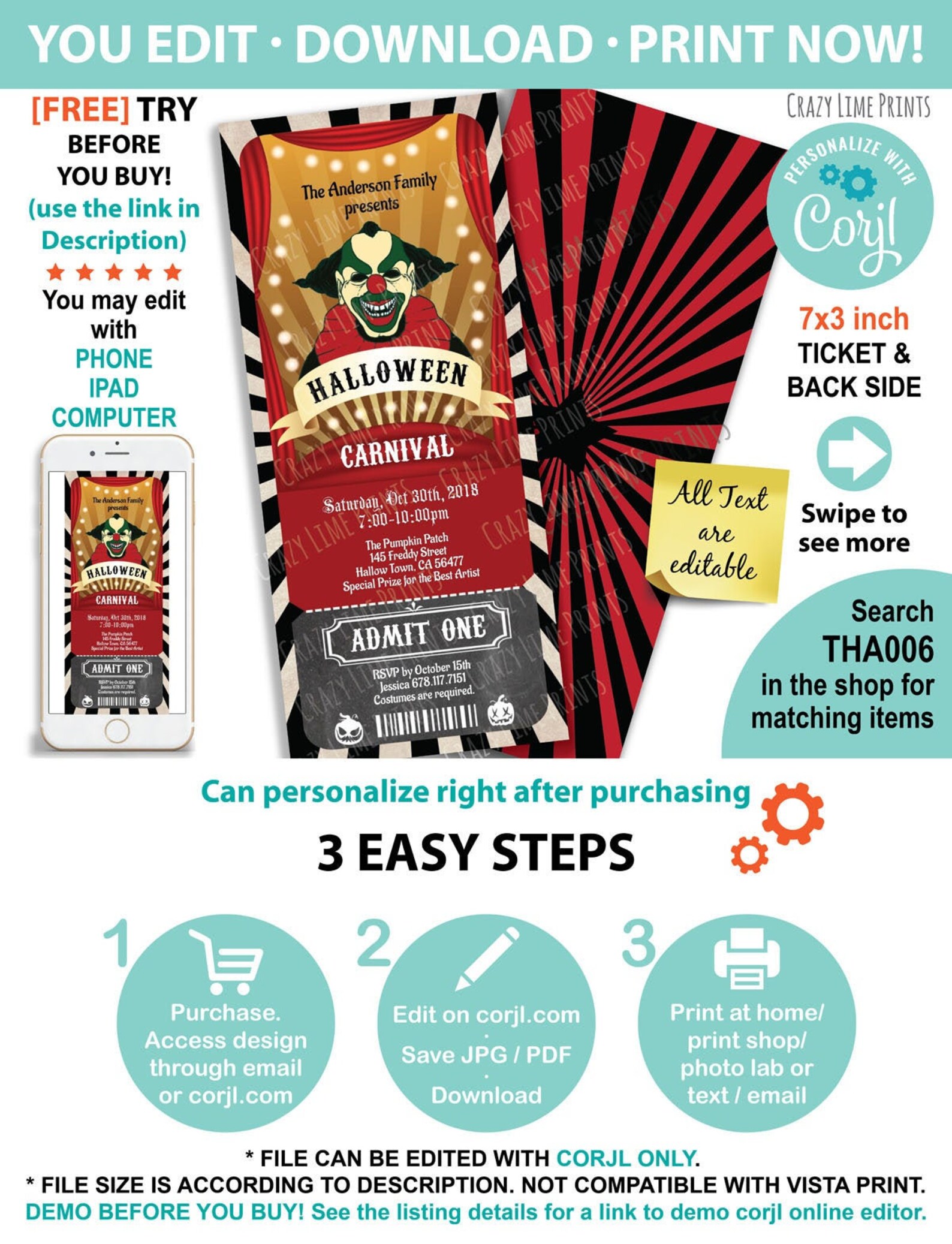 Halloween Clown Party Invitation Ticket. Retro Carnival Scary Night ...