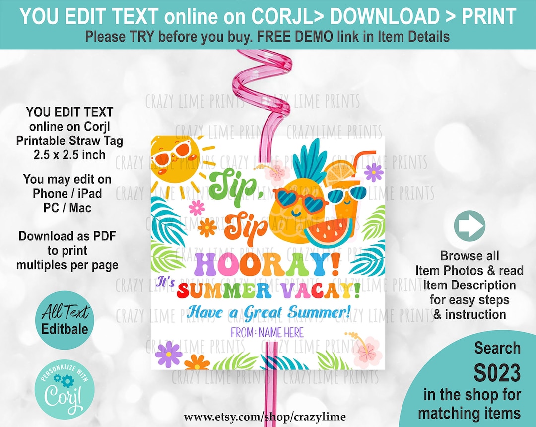 EDITABLE Sip Sip Hooray It's Summer Vacay Gift Tag. End of School Year ...