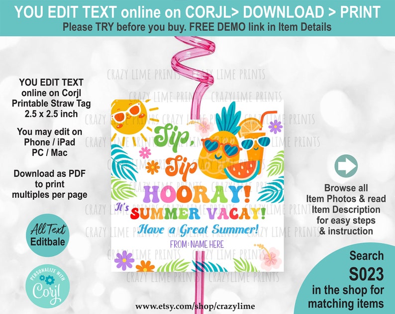 EDITABLE Sip Sip Hooray It's Summer Vacay Gift Tag. End of - Etsy