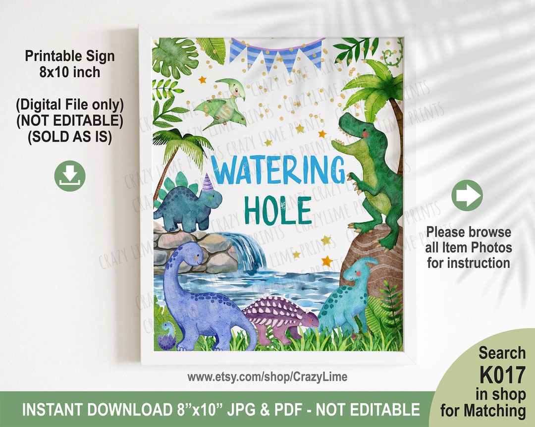 Dinosaur Watering Hole Sign. Drinks Table Party Poster. Boy Kid Cute ...
