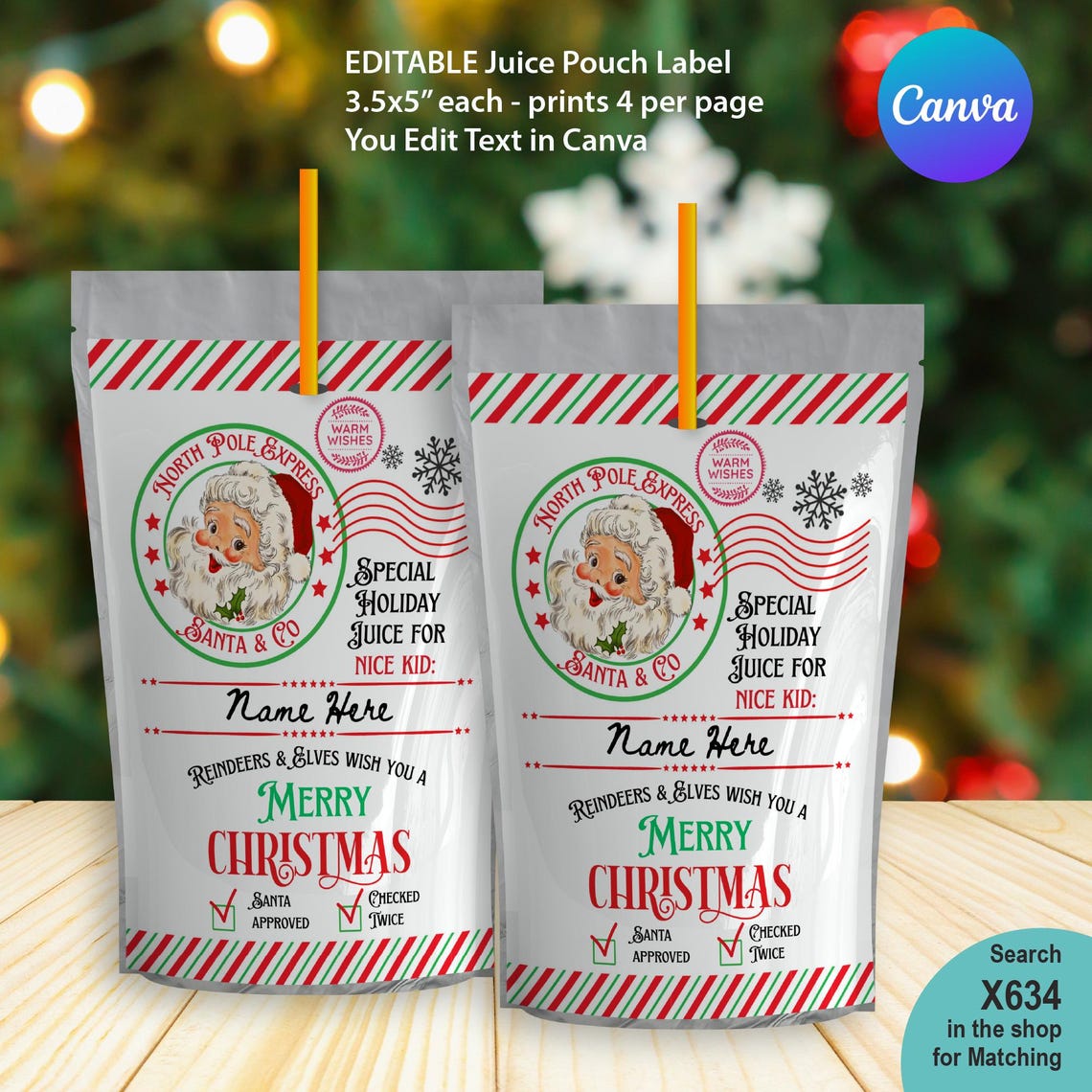 EDITABLE Santa Claus Christmas Juice Pouch Label. Printable North Pole ...