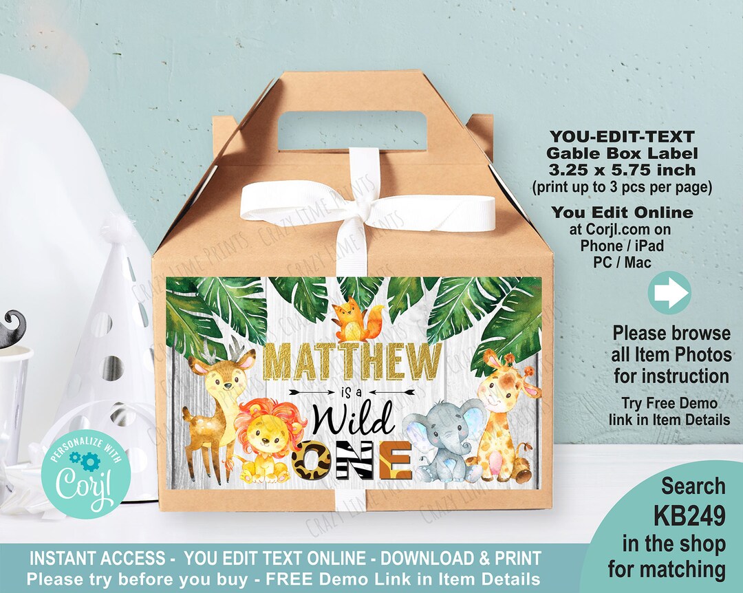Safari Animals Wild One Birthday Gable Box Label Editable Template ...