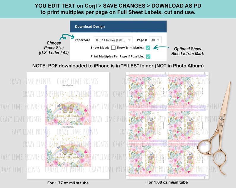 EDITABLE Butterfly Candy Mini Tube Label 1.77oz and 1.08oz Template ...