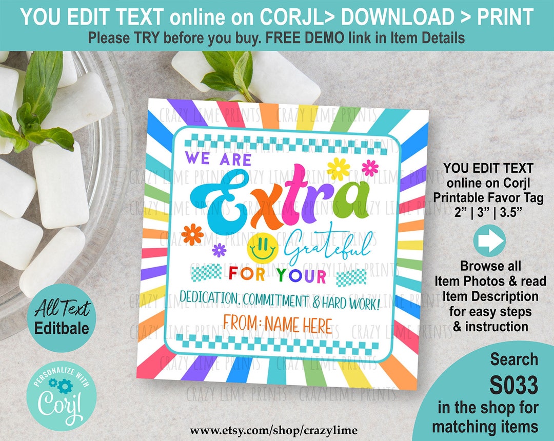 We Are Extra Grateful for You Gum Gift Tag. Editable Personalised Name ...