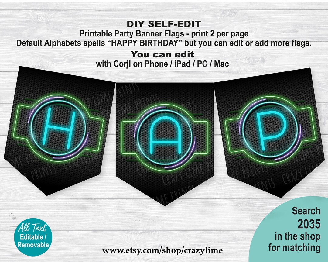 EDITABLE Neon Party Happy Birthday Banner. Boy Kid Glow in the Dark ...