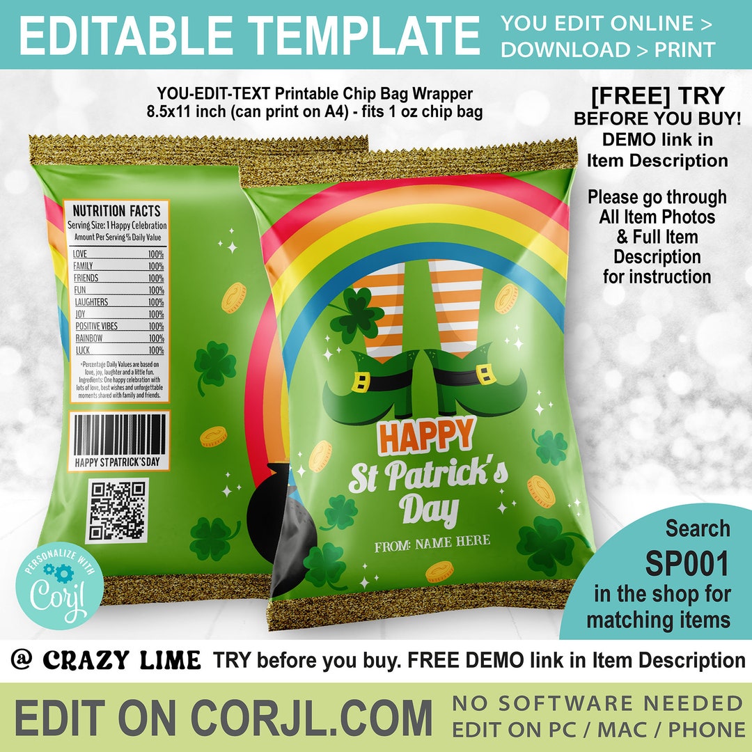 EDITABLE St Patricks Day Chip Bag Template. Kid Saint Patrick's Party ...