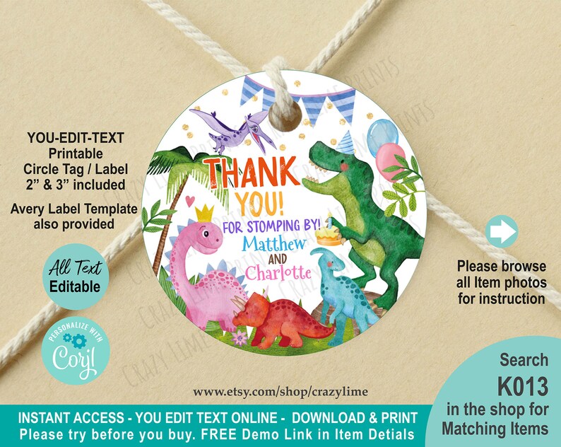 EDITABLE Dinosaur Sibling Girl Boy Party Favor Tag. Cute Dino - Etsy