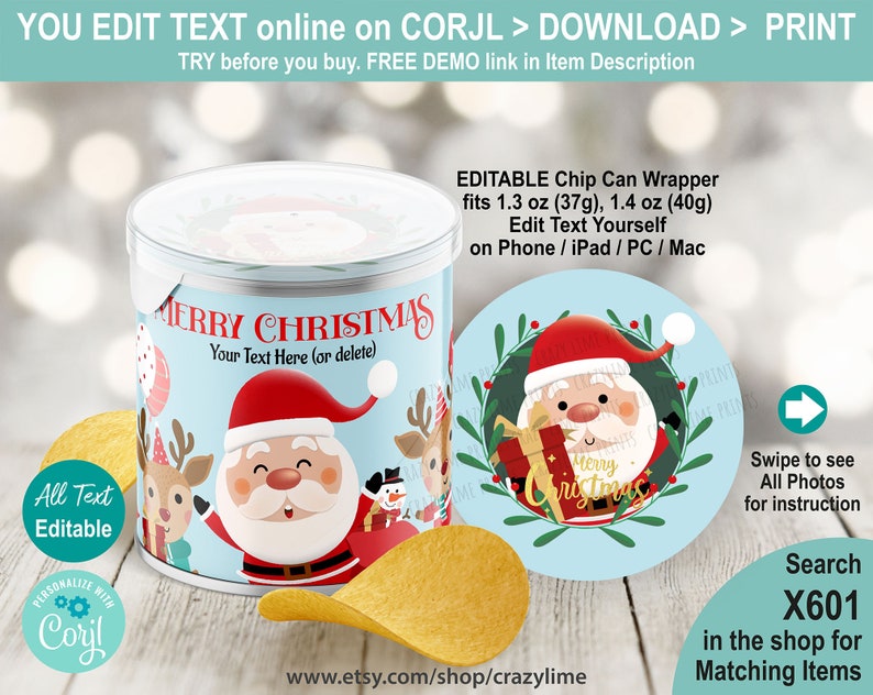 EDITABLE Christmas Party Chip Can Wrapper Digital Template. Cute Santa ...