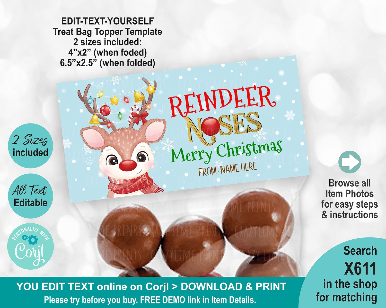 EDITABLE Reindeer Nose Treat Bag Topper. Printable Kids Christmas Party ...