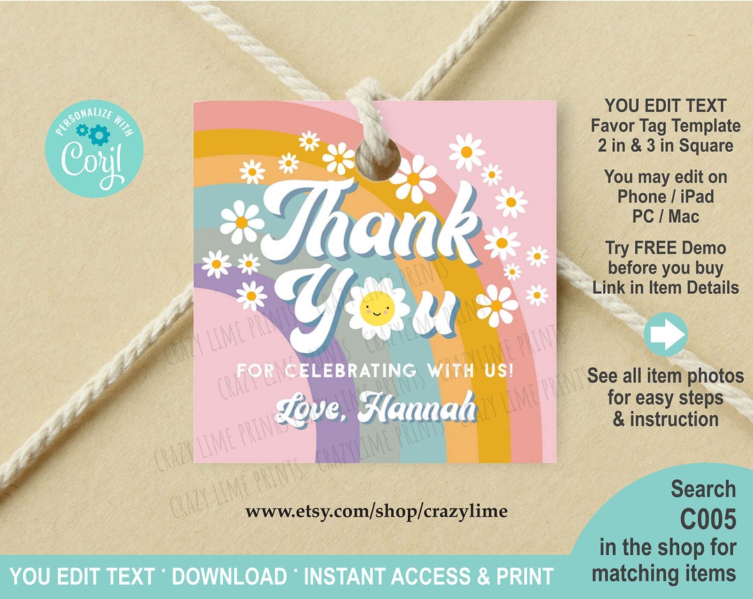 EDITABLE Groovy Retro Hippie Party Favor Tag. Personalised Pink Rainbow ...