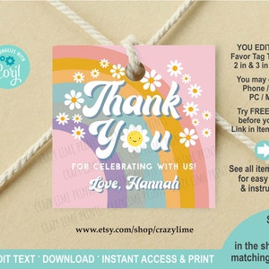 EDITABLE Groovy Retro Hippie Party Favor Tag. Personalised Pink Rainbow ...