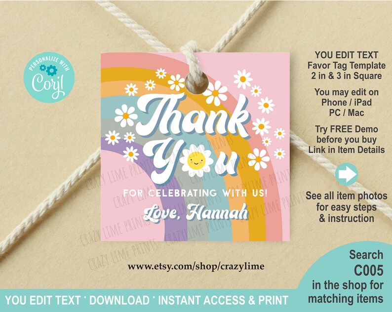 EDITABLE Groovy Retro Hippie Party Favor Tag. Personalised - Etsy