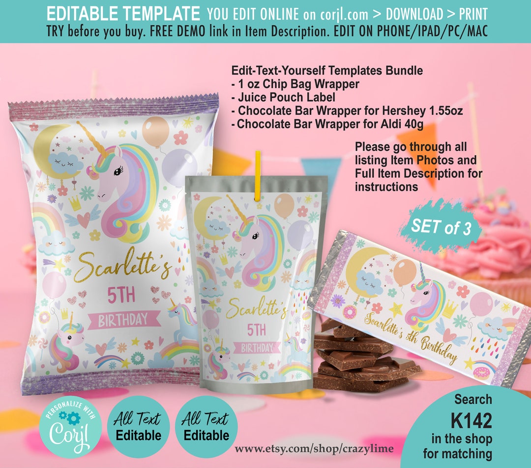 EDITABLE Unicorn Birthday Party Favors Bundle Set of 3 Templates. Chip ...