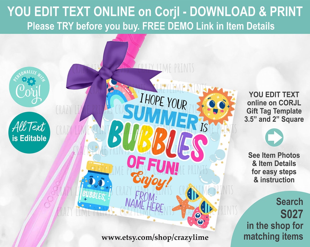 End of School Year Bubble Wand Gift Tag Editable Template. Personalised ...
