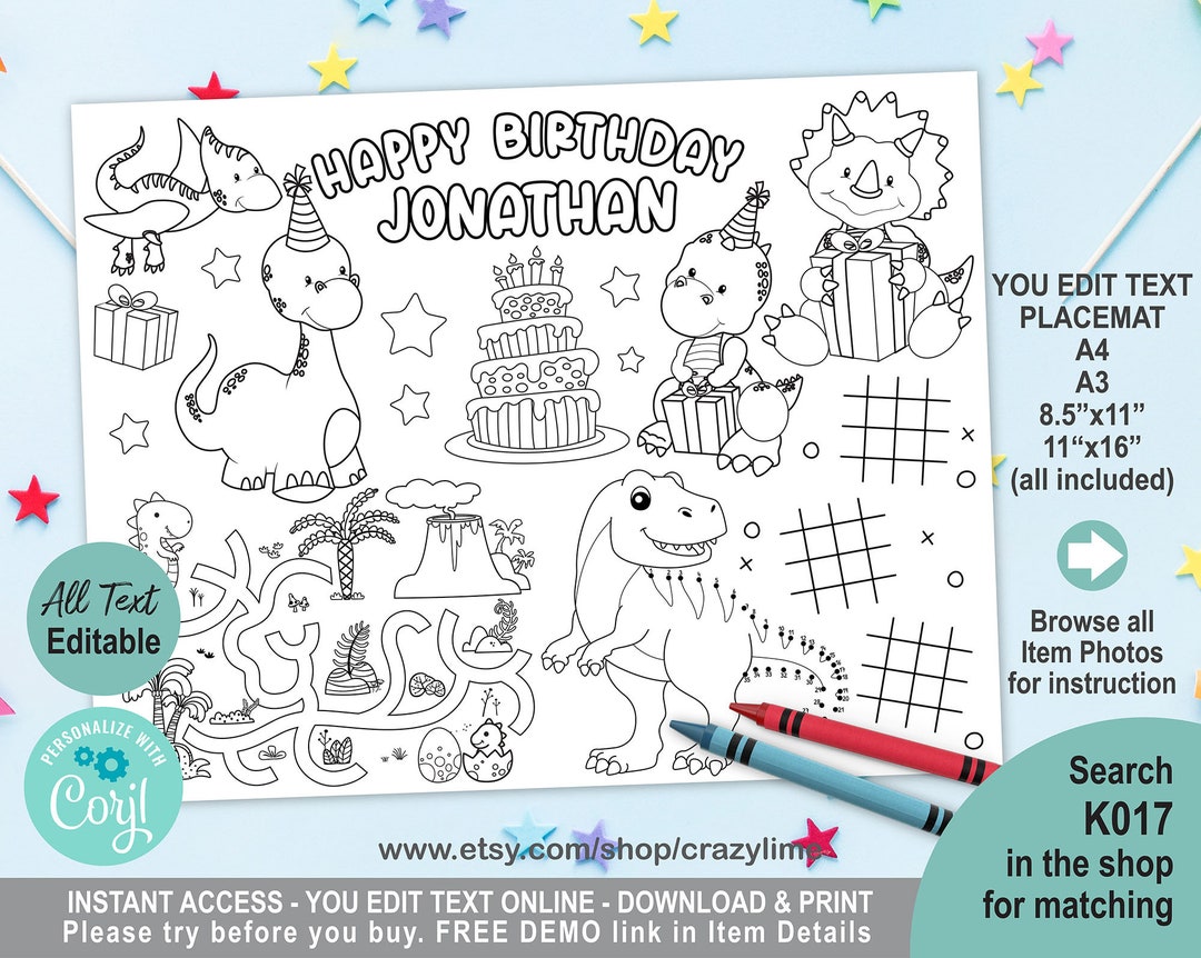 EDITABLE Dinosaur Birthday Party Placemat. Personalised Coloring & Game ...