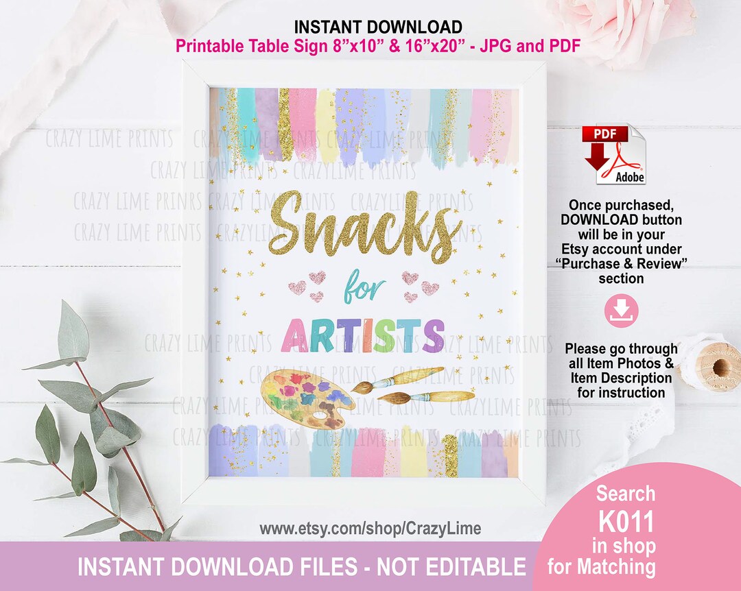 Pastel Girl Art Party Snacks Table Sign. Painting Art Jamming Birthday ...
