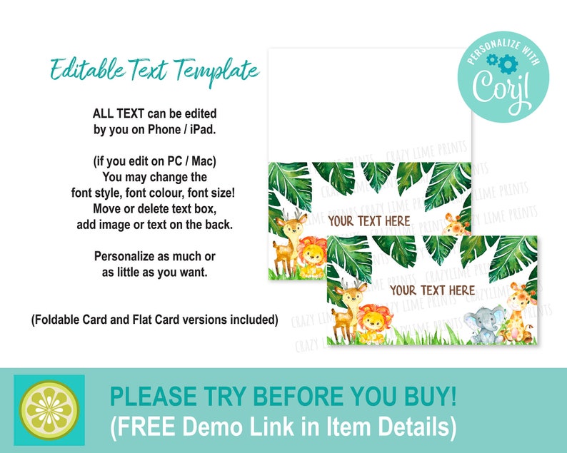 EDITABLE Jungle Animals Place Card Template. Printable Safari - Etsy
