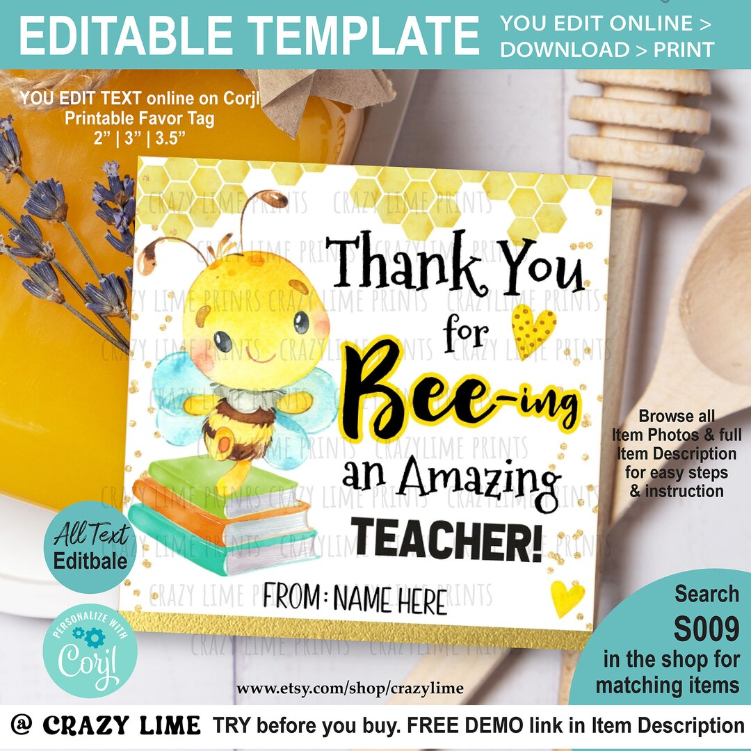 Honey Bee School Teacher Gift Tag Editable Template. Personalised Name ...