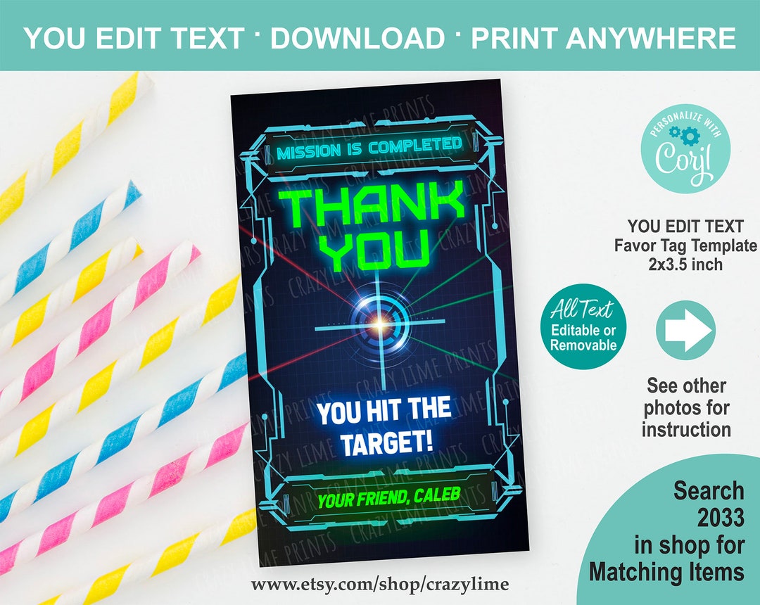 Laser Tag Party Favor Tag. Neon Blue Green Laser Tag Birthday Gift ...