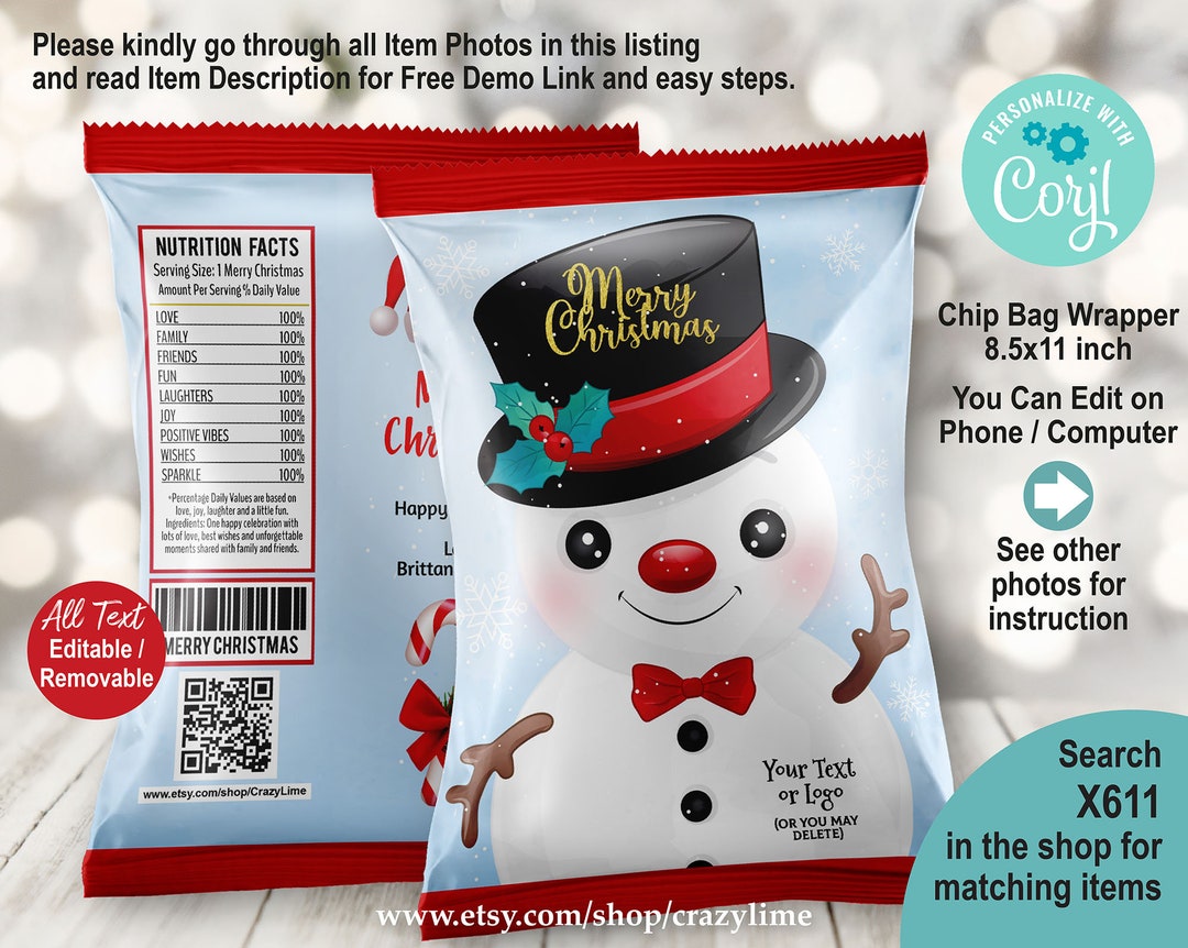 EDITABLE Snowman Chip Bag Wrapper Template. Personalised Holiday Party ...