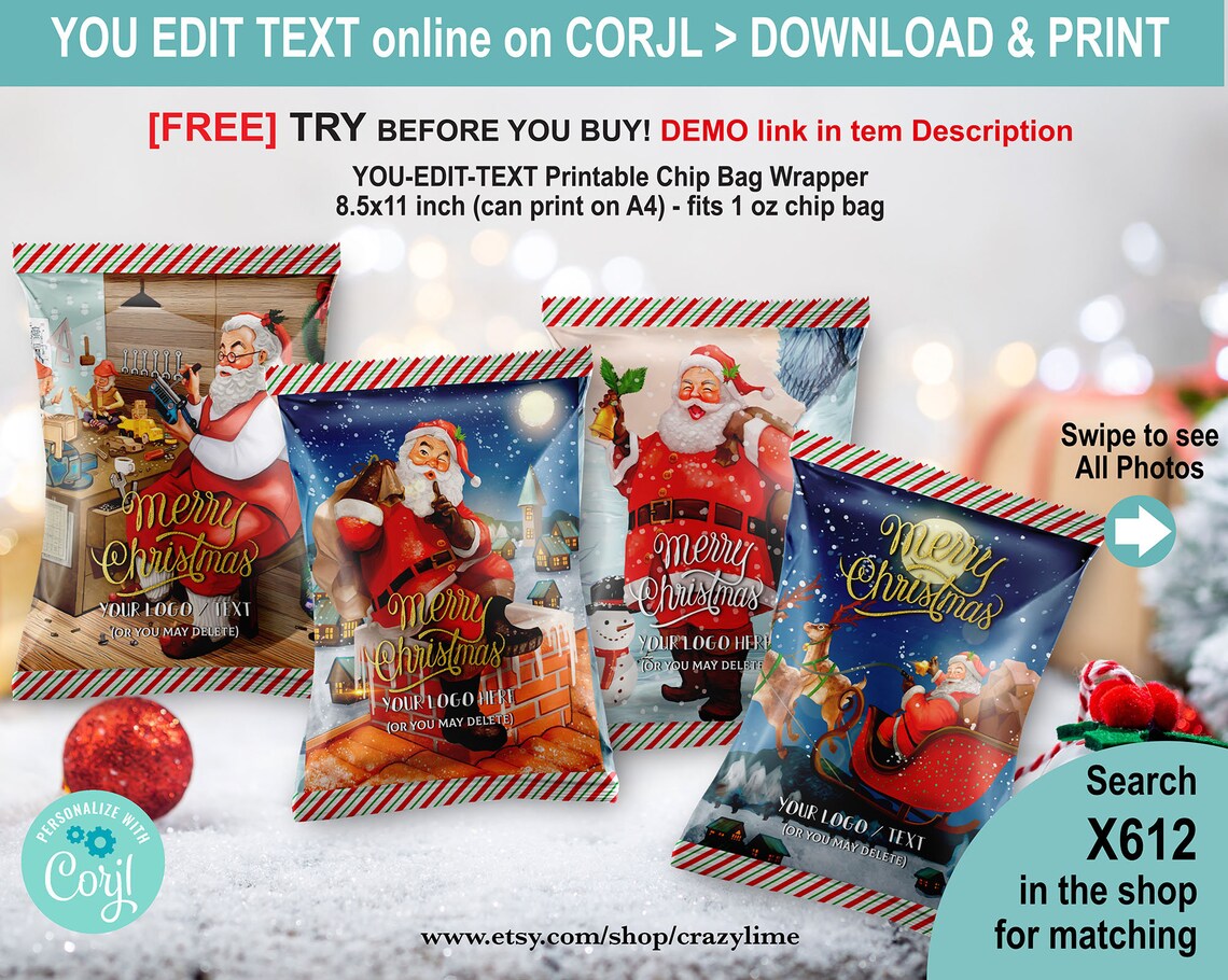 EDITABLE Vintage Santa Chip Bag Wrapper Set of 4 Bundle - Etsy