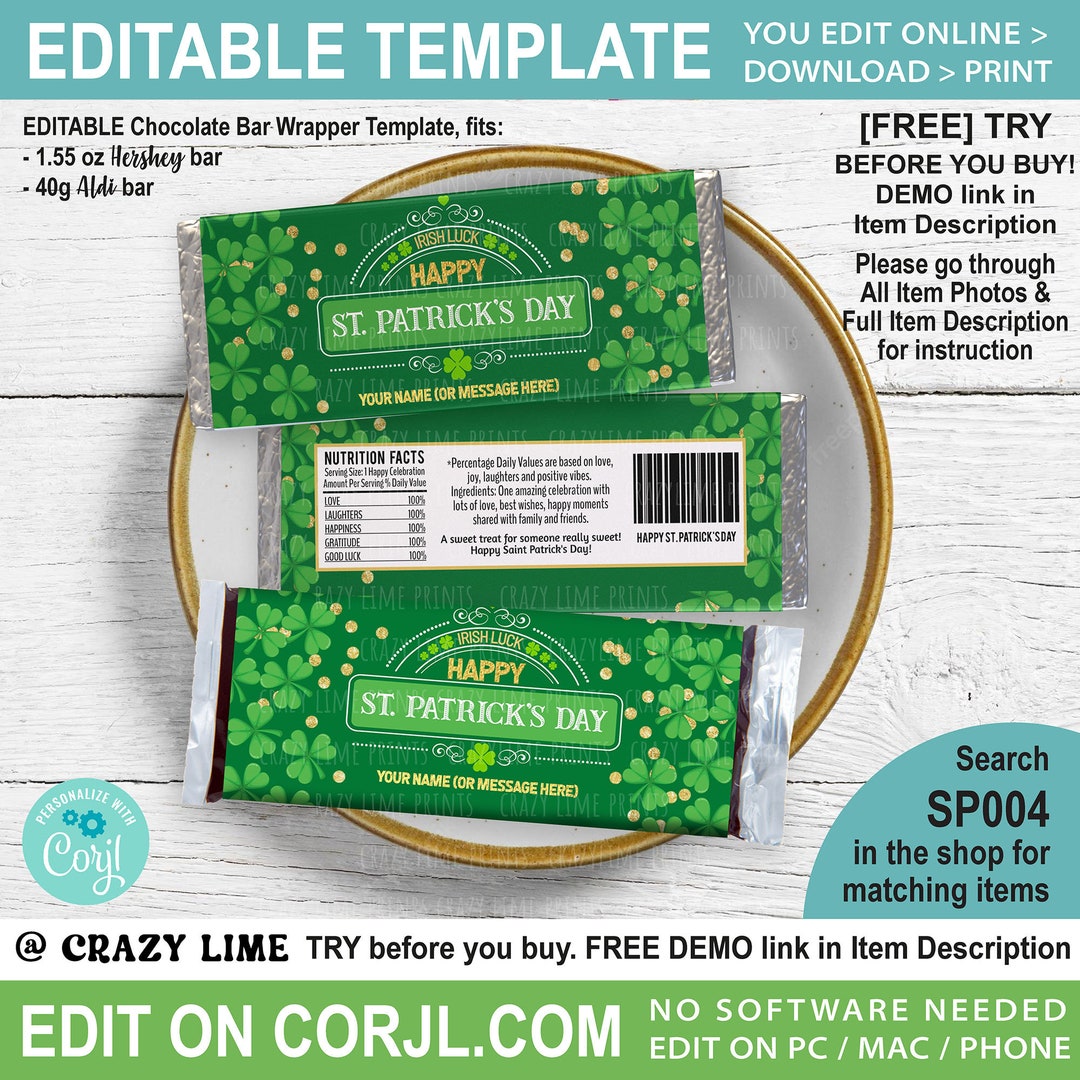 EDITABLE St Patrick's Day Chocolate Candy Bar Wrapper Personalised ...