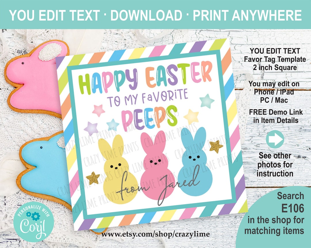 Editable Easter Peep Gift Tag. Easter Bunny Candy Party Favor Label ...