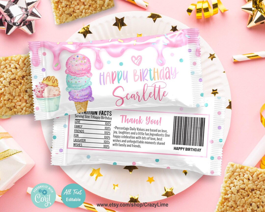 EDITABLE Ice Cream Birthday Party Rice Snack Krispies Wrapper ...