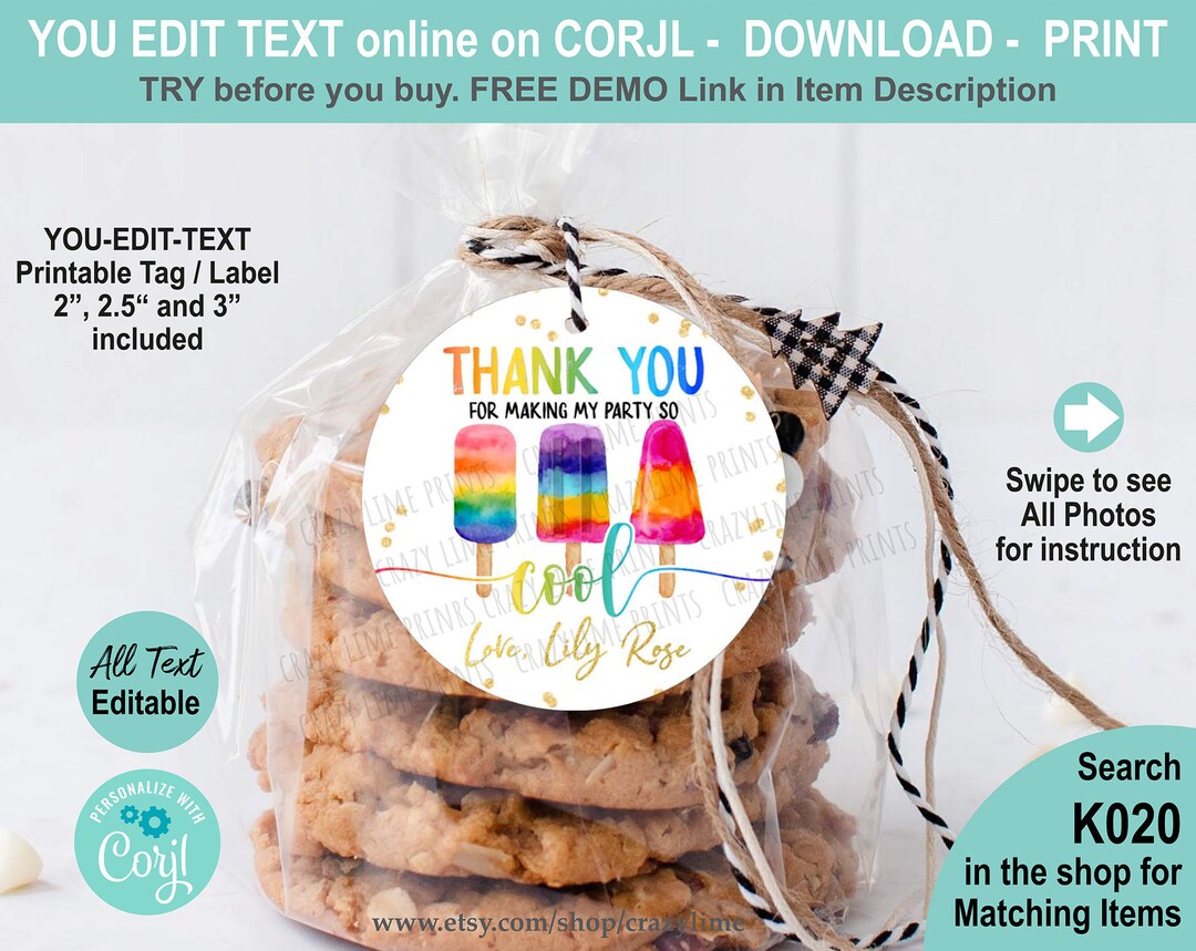 EDITABLE Cool Popsicles Thank You Favors Tag. Personalised Summer Gift ...