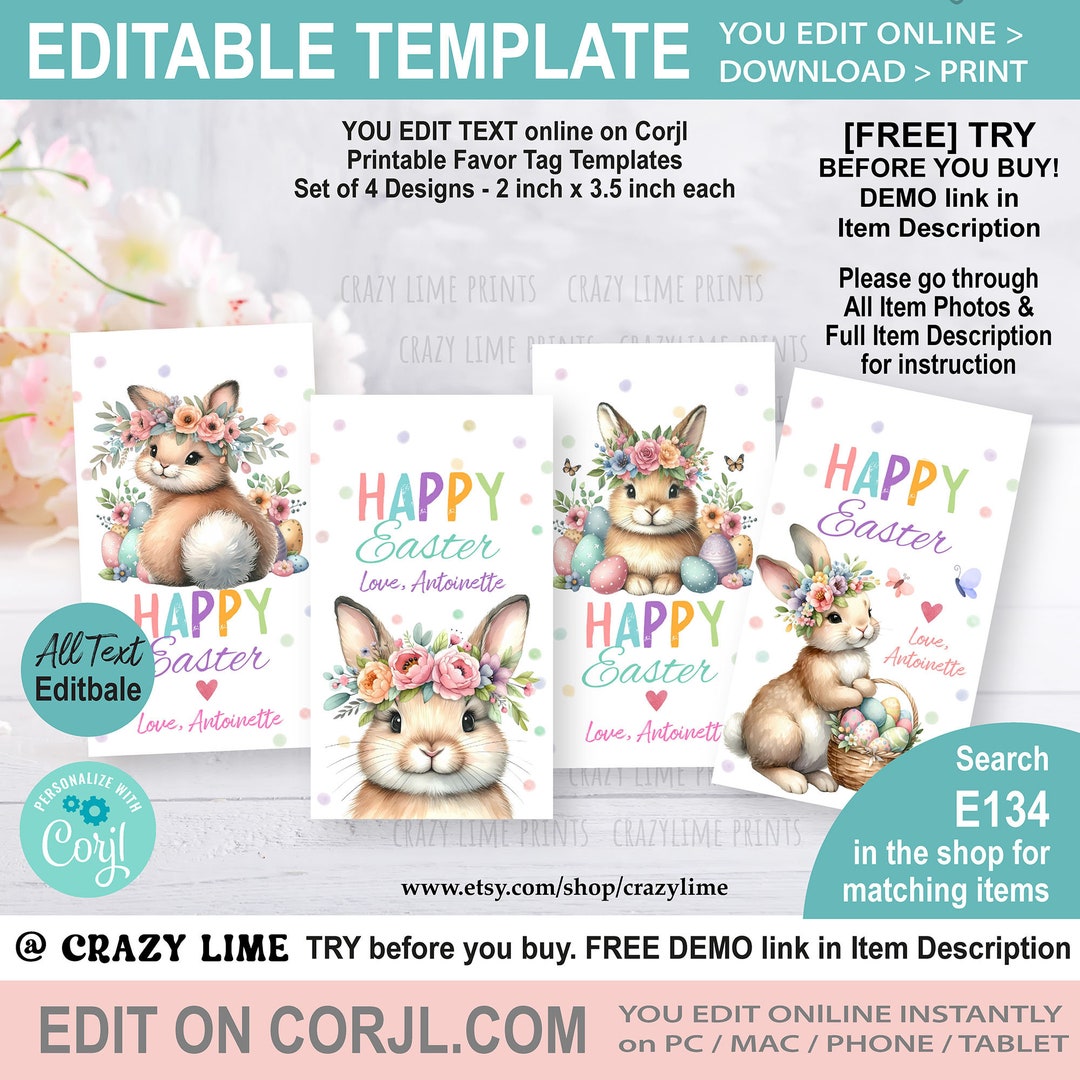 EDITABLE Happy Easter Bunny Gift Tag Set of 4. Cute Watercolor Floral ...