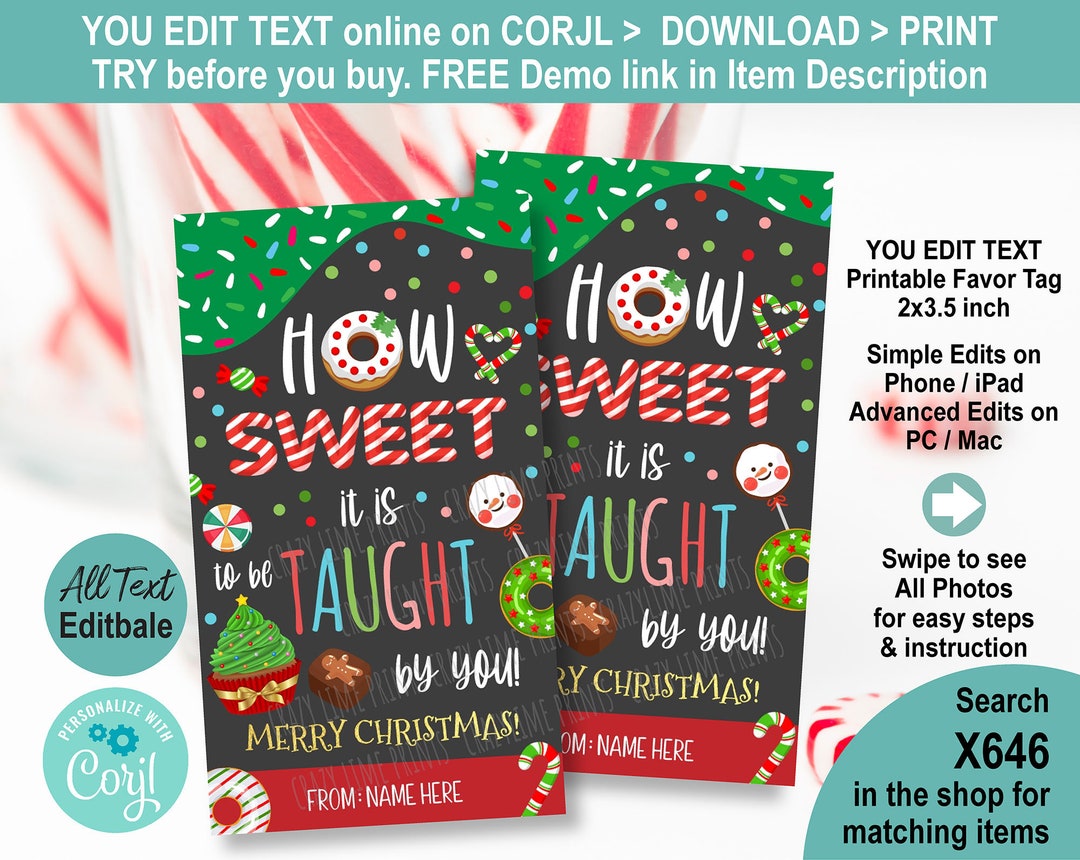 EDITABLE Christmas Teacher Gift Tag. How Sweet It is to Be Taught by ...