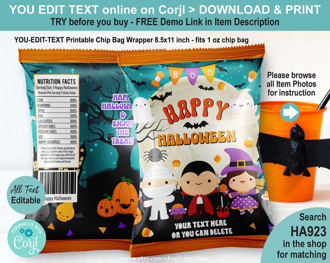 EDITABLE Halloween Characters Chip Bag Template. Personalised Name Cute ...