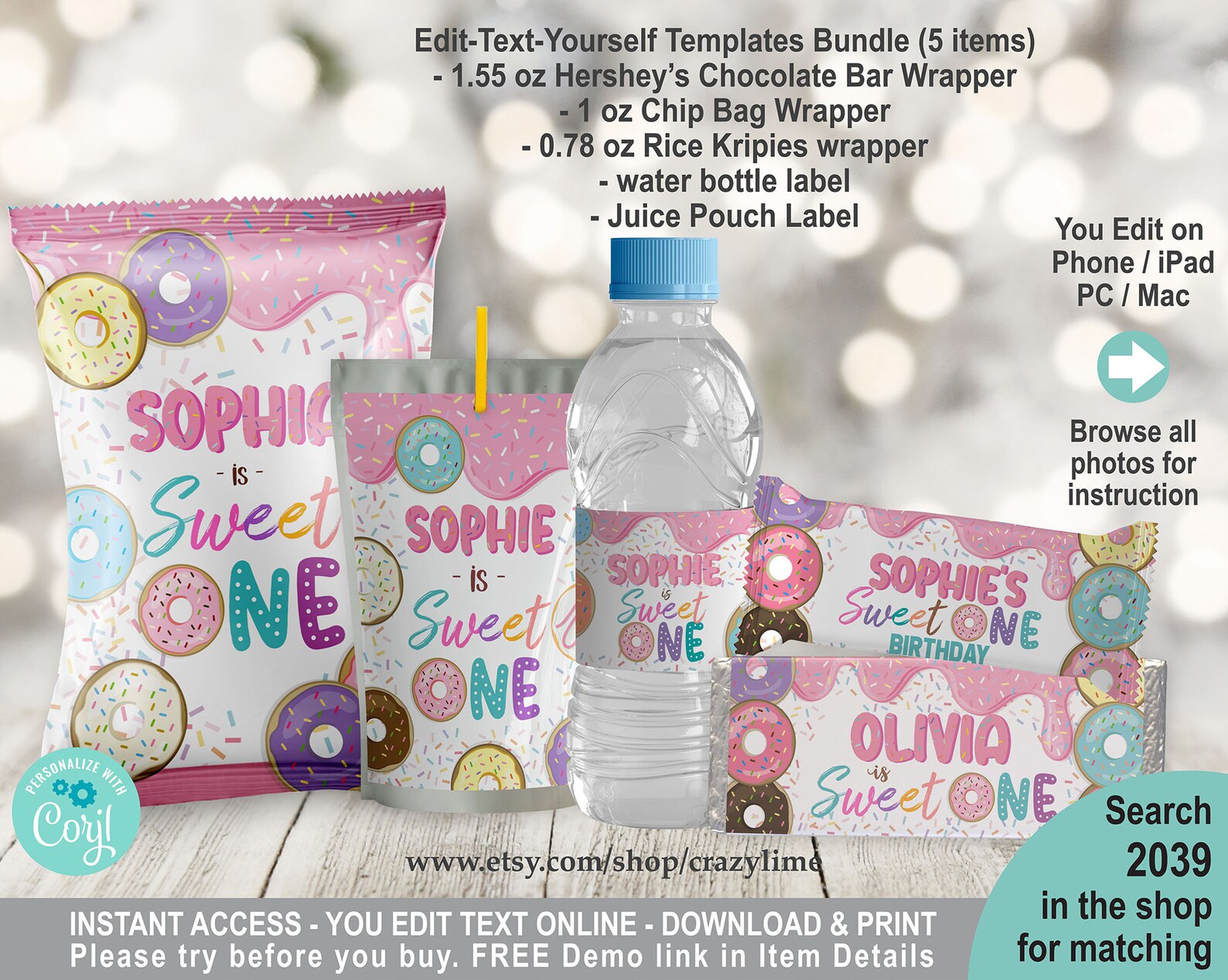 EDITABLE Donut Sweet One 1st Birthday Party Favors Bundle 5 Templates ...