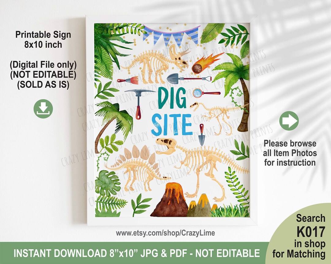 Dinosaur Party Dig Site Sign. Boy Kid Cute Dino Birthday Party Game ...